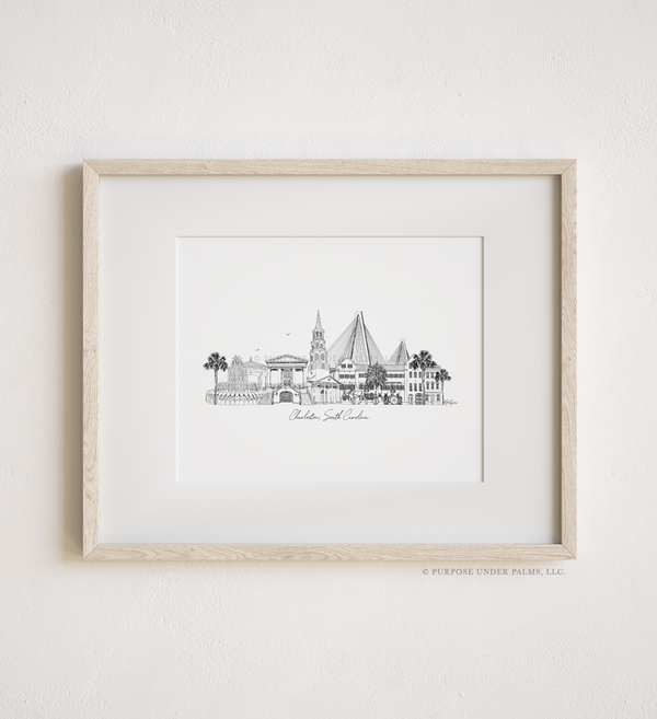 Charleston, SC Skyline + Landmarks Linework Art Print – Purpose Under Palms